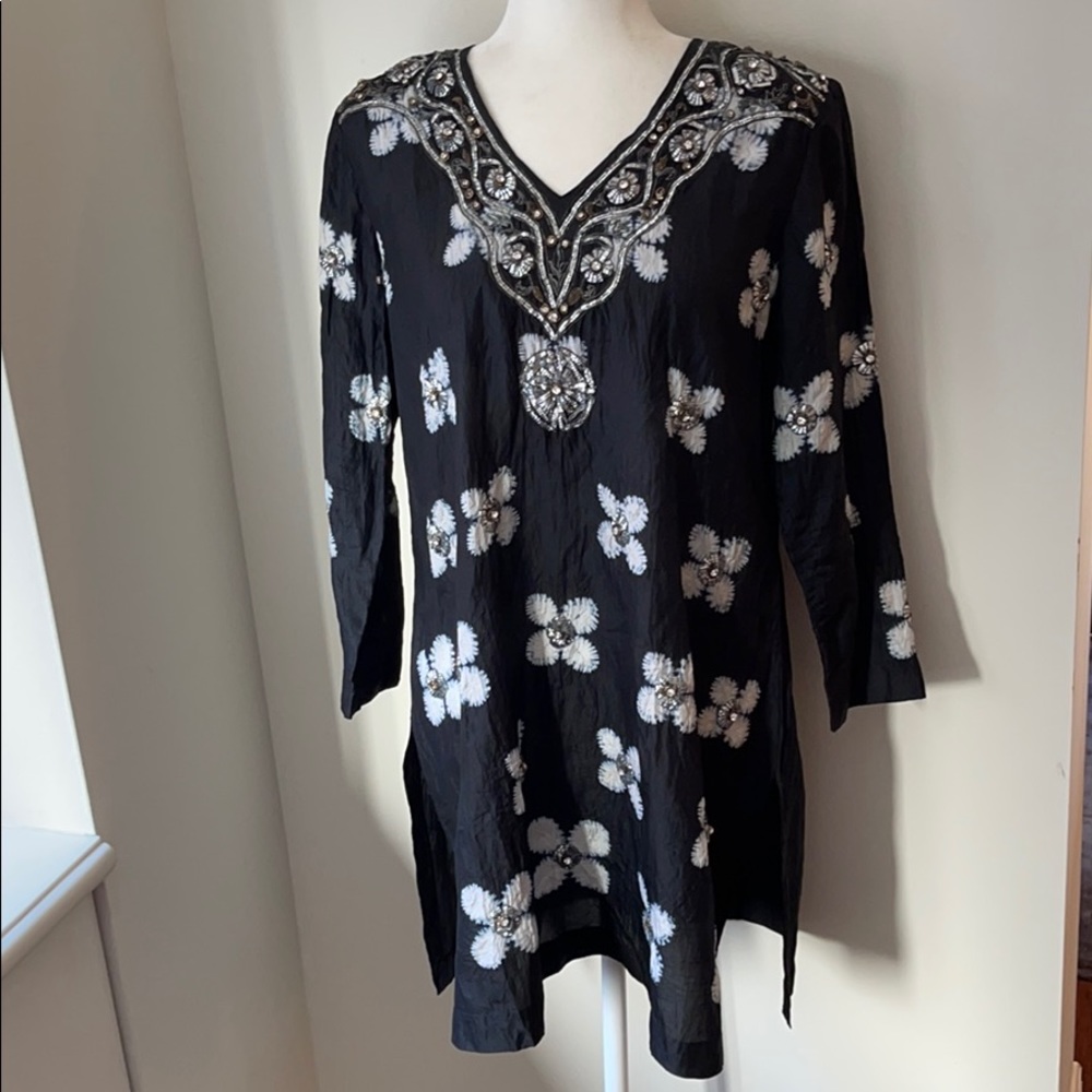 Black Silk Rare Bejeweled Embroidered Tunic - Gem